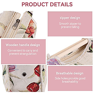 Agatige Knitting Yarn Storage Bag, Wood Handles Knitting Bag Tote Organizer Woven Fabric Storage Bag Travel Yarn Tote Organizer Crochet Bag for Knitting Needles Sewing Tools, 42*30*11cm, Rose Flower