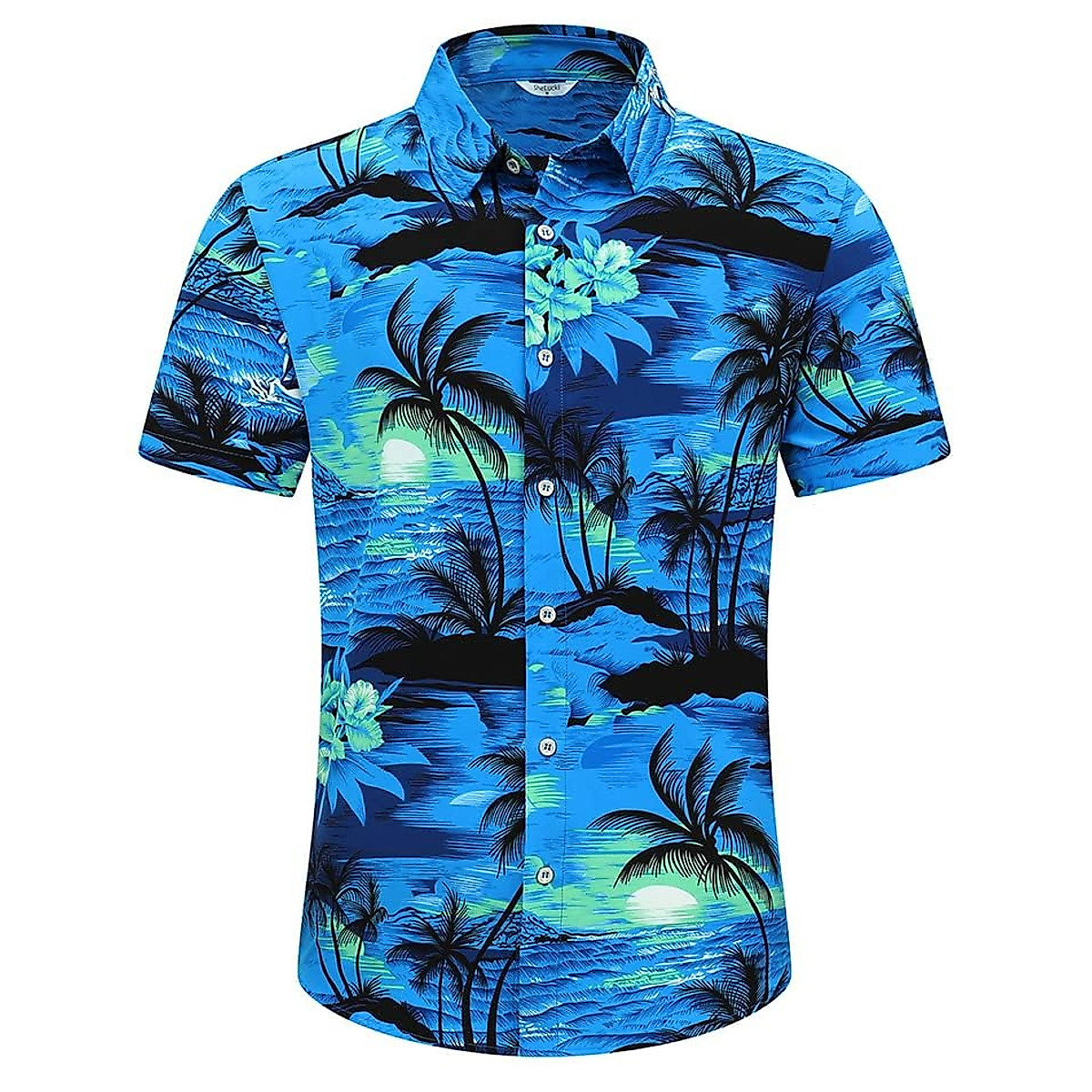 SheLucki Hawaiian Shirt for Men, Unisex Summer Beach Casual Short Sleeve Button Down Shirts, Printed Palmshadow Clothing Palm Tree Blue M