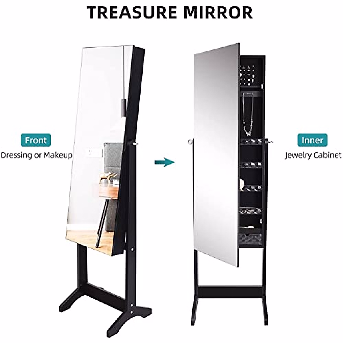 YITAHOME 2 in 1 Jewelry Cabinet with Full Length Mirror, Standing Large Capacity Jewelry Armoire Organizer with 2 Drawers, 3 Angle Adjustable,Black