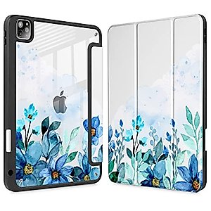 Lepeoac Designed for iPad Pro 12.9 Inch (2022/2021/2020/2018, 6th/5th/4th/3st Generation) with Transparent Shockproof Back Cover [Built-in Pencil Holder] Auto Sleep/Wake, Blue Flower