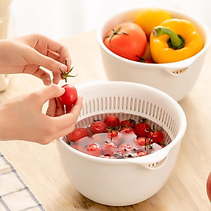 2 Sets 3 Qt，2 in 1 Kitchen Colander Set with Bowl Strainer ，BPA Free Plastic Fruits and Vegetable Washing Basket,Dishwasher Friendly Double Layered Drain Basin,for Pasta, Noodles, Rice and Food (Grey)