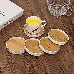 Senstap Wooden Coasters for Drinks Coffee Table, Round Drink Coasters with Holder, Set of 5 Cup Mat for Tabletop Protection, Cup Coaster with Lip 4-inch, White