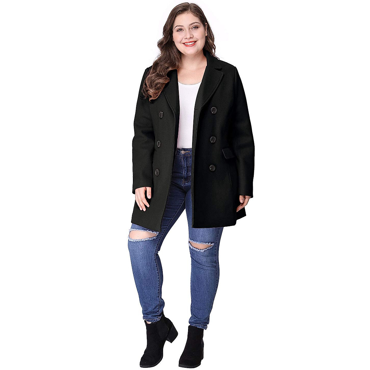 Agnes Orinda Women's Plus Size Notched Lapel Double Breasted Coats 2X Black