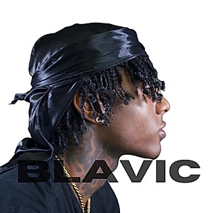 Blavic Durag For Braids, Locs, And Twist - Silk Durag for Men, Long Double Wide Straps, Outside Seam Triple Stitch Du Rag (Black), Small