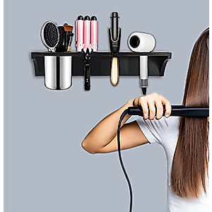 Hair Dryer Holder Wall Mounted Blow Holder Bathroom Hair Tool Organizer, Hair Styling Care Tool Organizer, Rustic Wood Beauty Appliance for Flat Iron, Curling Wand, Hair Straighteners, Brushes（Black）
