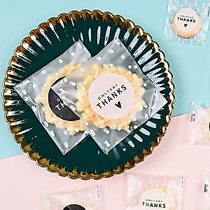 Self Adhesive Cookie Bags Cellophane Treat Bags, White polka dots with Black and White “Thanks” Print for Party Gift Giving Bakery Candy Cookie (100 Pcs, 3.94 x 3.94 Inches)