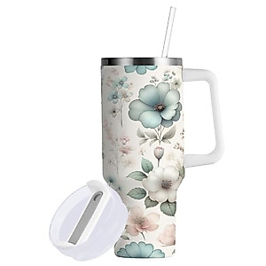 Jihqo Pure Flowers 40 oz Stainless Steel Vacuum Insulated Tumbler with Handle and Straw Lid, Leakproof Water Bottle Double Wall Travel Mug Coffee Cup, Cupholder Friendly