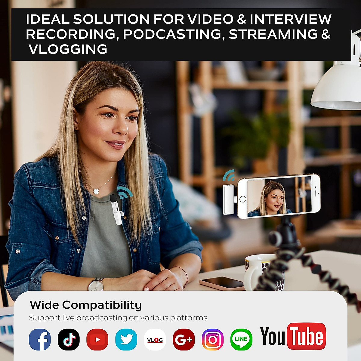 Kailas Accessories White Wireless Microphone System for iPhone & Smartphones w USB C & Lightning - Mini Mic for Podcasting, Streaming, Vlogging