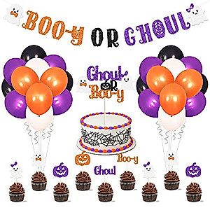 Halloween Gender Reveal Decorations Kit Boo-y or Ghoul Baby Shower Party Banner Cake Cupcake Topper Purple Orange Balloons Fall Boy Or Girl October Sex Announcement Ideas Favor Supplies