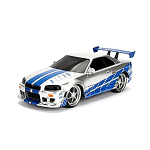 Jada Toys Fast & Furious Brian's Nissan Skyline GT-R (Bnr34)- Ready to Run R/C Radio Control Toy Vehicle, 1: 16 Scale, Silver and Blue, (99370)