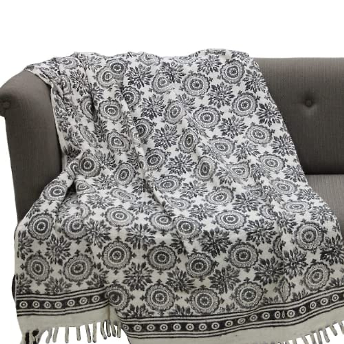 InstyleCraft - Cotton Throw Blanket - Woven Warm Boho Decor Couch Chair Sofa Bed Kitchen Living Room - Block-Printed - Chair Blanket with Tassels for Outdoor Camping Beach Picnic