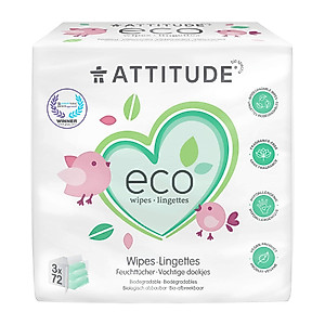 ATTITUDE Biodegradable Baby Wipes, Plant Based Unscented Diaper Wipes for Babies and Newborn, Dermatologically Tested, Vegan, 72 Count (Pack of 3)