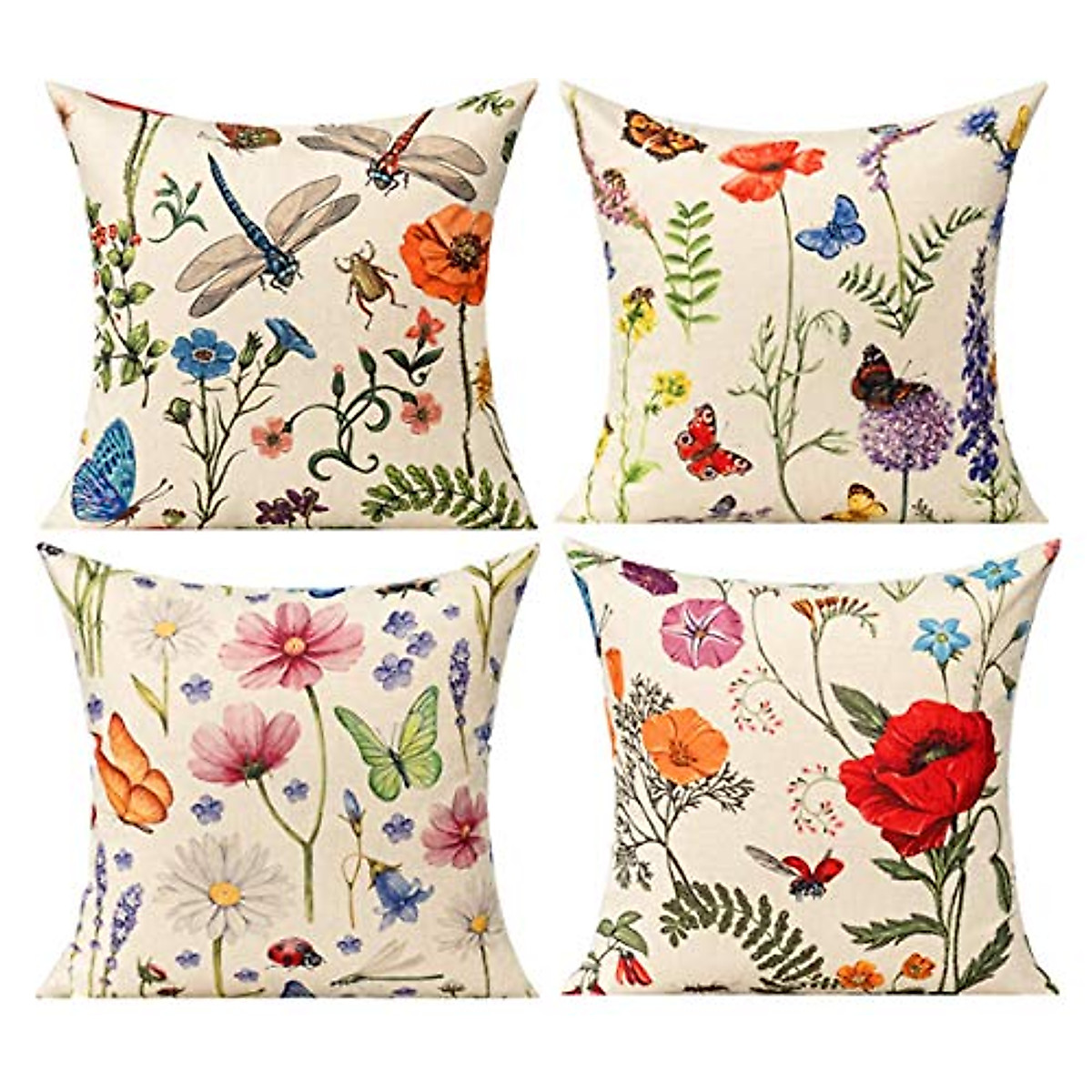 All Smiles Outdoor Patio Throw Pillow Covers Summer Spring Garden Flowers Farmhouse Décor Outside Furniture Swing Seat Bench Chair Decorative Cushion Cases 18x18 Set of 4 for Deep Seat Bed Couch Sofa