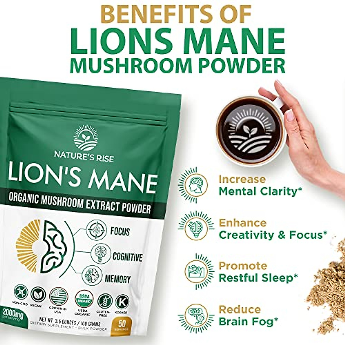 Lions Mane Mushroom Powder Organic Supplement - (USA Grown), Fruiting Body Extract, Nootropic Brain Supplement for Focus & Memory Support, Creativity, Brain Booster | 3.5 Ounces (50 Servings)