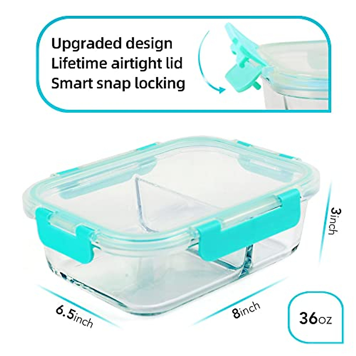 DAS TRUST 3 Pack Food Storage Containers 2 Compartments Glass Meal Prep Containers with Lids for Adult Food Prep Container with Dividers Reusable Lunch Bento Box