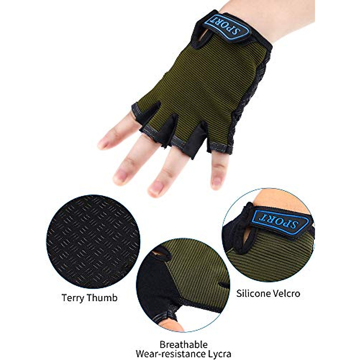 3 Pairs Kids Bike Gloves Half Finger Gloves MTB Road Sport Gloves Anti-Slip Gel Gloves for Children Cycling Biking Breathable Gloves (Black, Army Green, Red, 6-10 Years)
