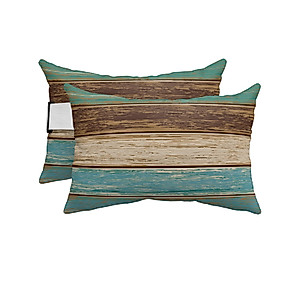 Teal Wood Grain Outdoor Chaise Lounge Head Resting Pillows 2 Pack, Farm Teal Brown Wooden Board Waterproof Patio Furniture Pillow with Insert Adjustable Elastic Stripe for Recliner Beach Chairs