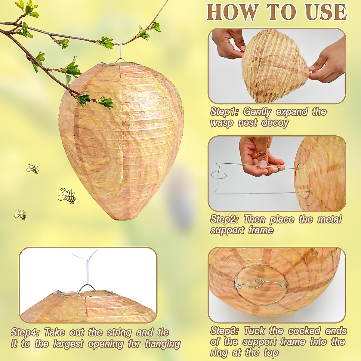 ZeeDix 4 Pack Hanging Paper Fake Wasp Nest Decoy for Outdoor, Home and Garden(8.66"×11",Warm Color)