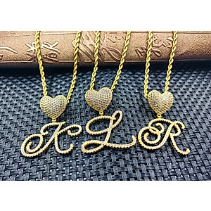 SXNK7 Cursive Initial Necklace for Women Men 18K Gold Plated A-Z Letters Pendant Necklace with Rope Chain Hip Hop Iced Out Heart Alphabet Necklace Jewelry Gifts (Gold D)