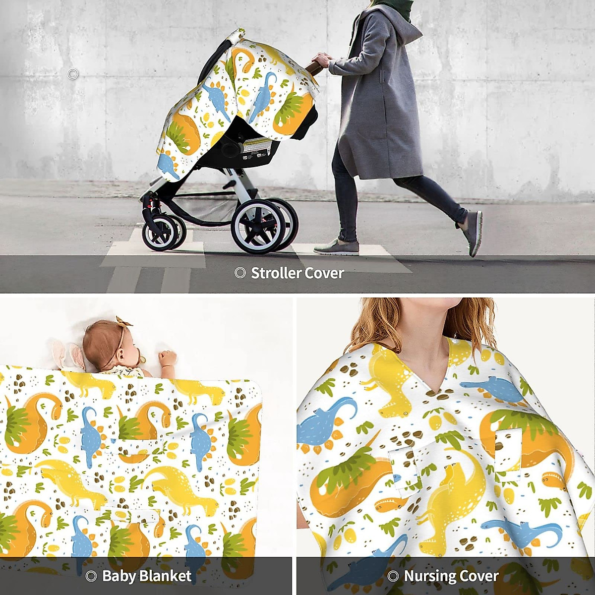 Rutiea Funny Dinosaurs in Cartoon Style Car Seat Cover for Babies, Peekaboo Opening Minky Carseat Canopy Stroller Cover for Newborn, Mom Nursing Breastfeeding Covers, Blanket for Infant Toddler