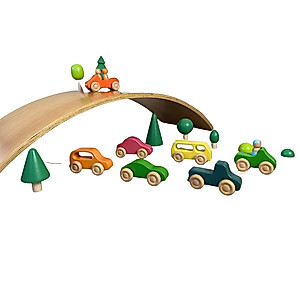 Avery & Ruth Waldorf Toys Rainbow Car Set - 70” x 35” Silk Scarf for kids to play- 7 Handmade Wooden Car - 3 Peg Dolls - Montessori Rainbow Toy - 100% Silk