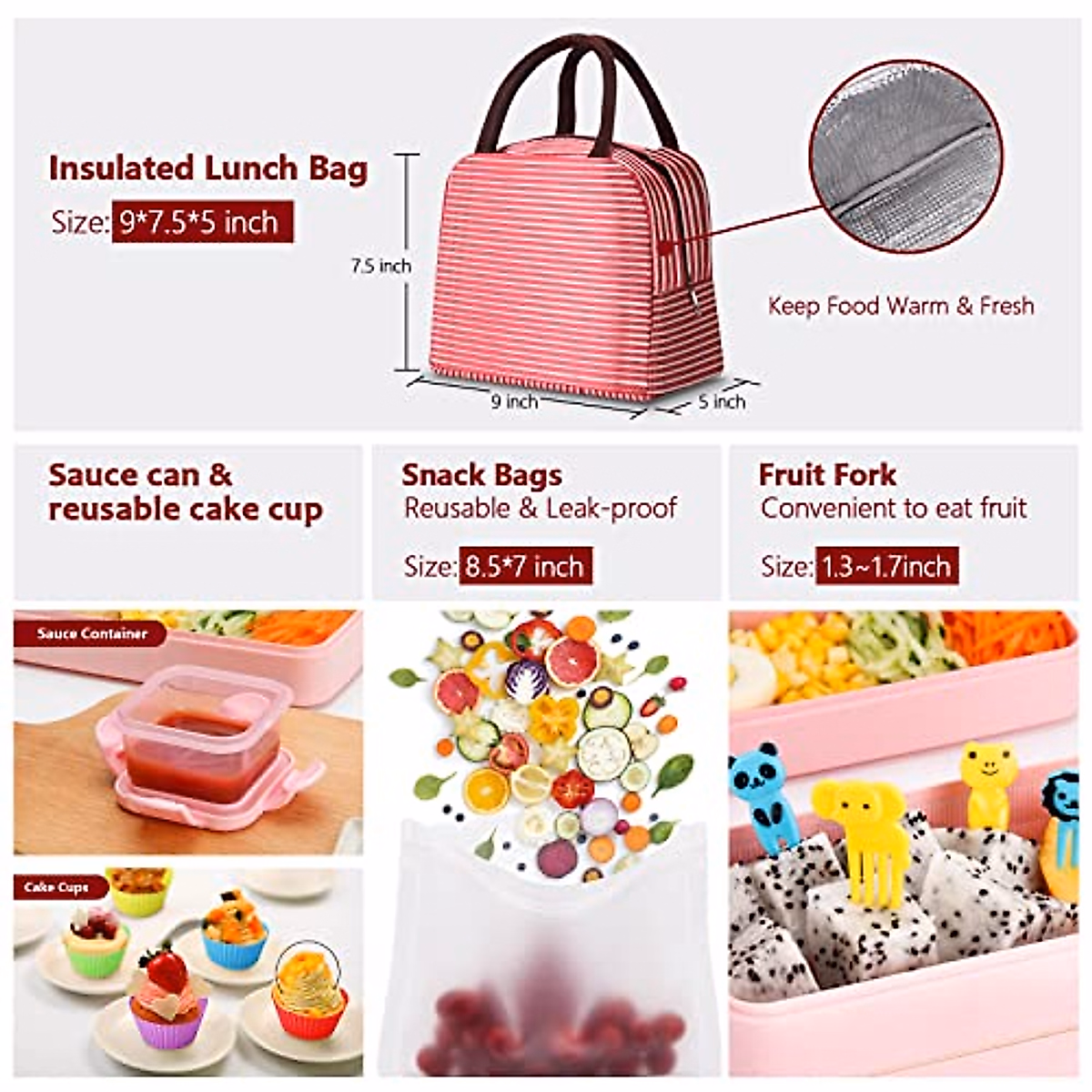 SCIREATH 1300ML Bento Box Lunch Box Kit, Japanese Bento Box Set 4 Compartments w/Lunch Bag Sauce Can, Cake Cups, Fruit Picks, Snack Bags...Leakproof Lunch Container Lunch Bag for Kids Adults (Pink)