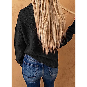 Dokotoo Oversized Quarter Zip Pullover Sweaters for Women Cute Waffle Knit Oversized Fall Winter Outfits Jumpers TopFashion V Neck Long Sleeve Warm Cozy Polo Ladies Black Sweater X-Large