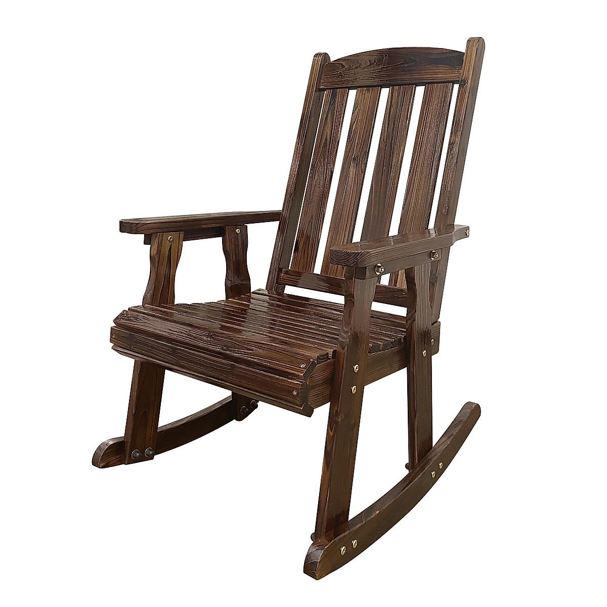 Wooden Rocking Chair with Comfortable Backrest Inclination, High Backrest and Deep Contoured Seat, Solid Fir Wood, Heavy Duty 600 LBS, for Both Outdoor and Indoor, Porch and Patio (Deep Brown)