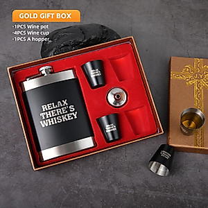 Hip Flask Gift Set for Men, Stainless Steel Leak-proof Engraved Flask for Liquor with 4 Cups and Funnel, Food-grade Black Flask, Gift Box for Wedding Party Groomsman Climbing Hiking Picnic