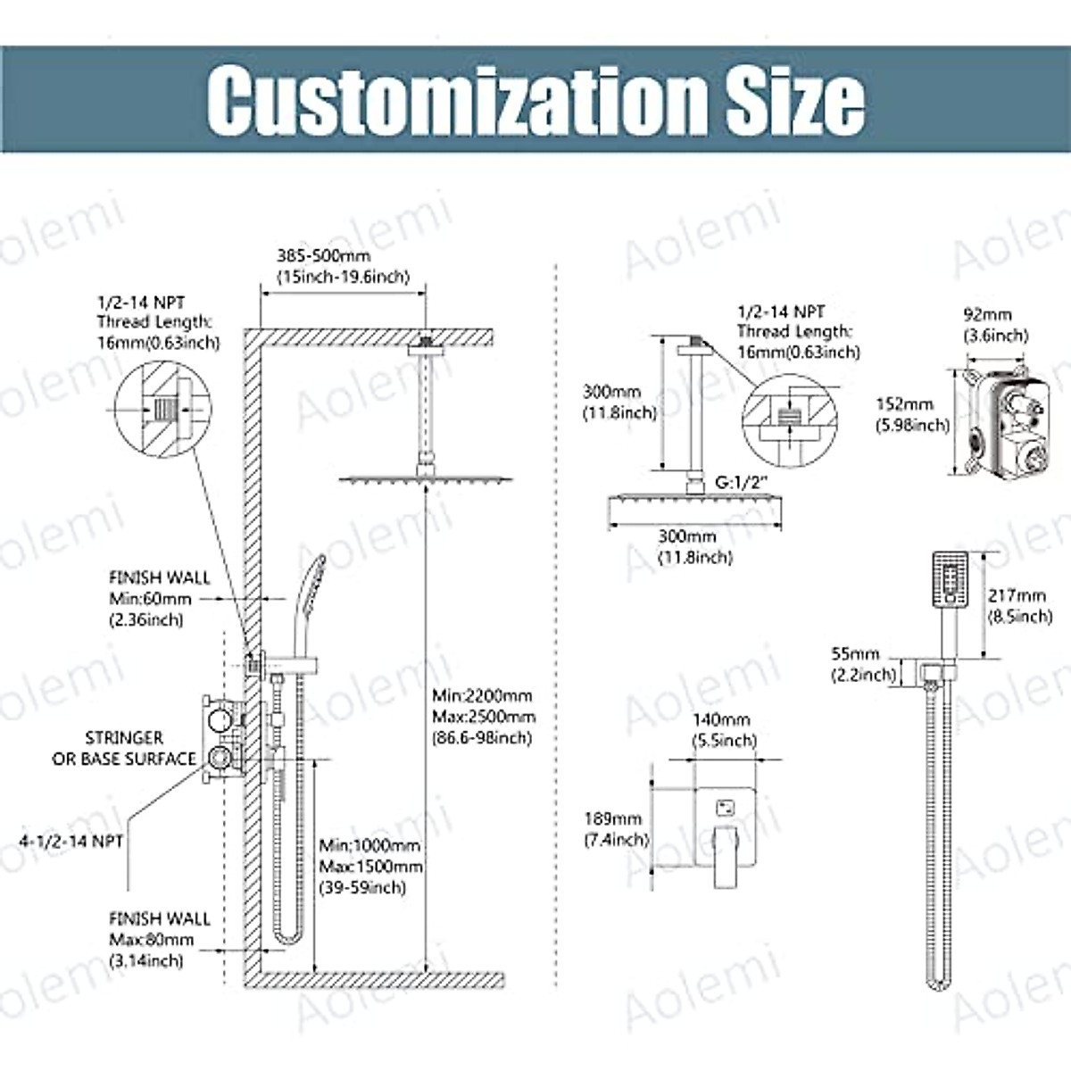 Aolemi Matte Black Shower System Ceiling Mount 12 Inch Rain Shower Head with 3 Functions ABS Handheld Spray Luxury High Pressure Shower Combo Set Rough-in Valve and Shower Trim Included Bathroom