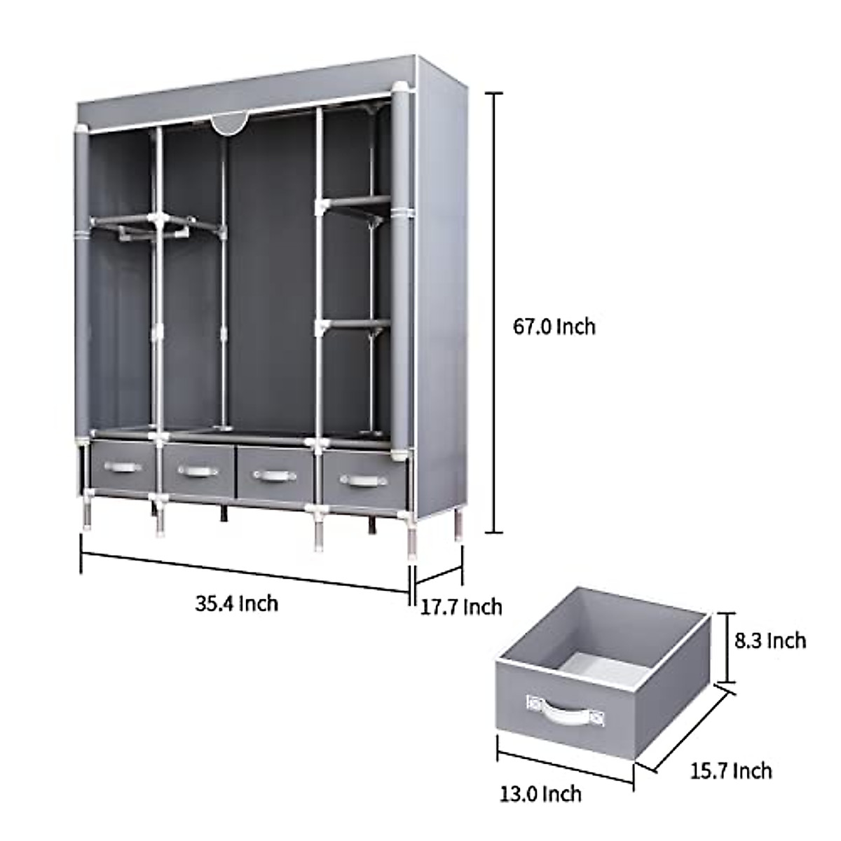 ASSICA Portable Clothes Closet Rolling Door Wardrobe with Hanging Rack Non-Woven Fabric Storage Organizer with Four Drawer Boxes No-Tool Assembly - 59.0 x 17.7 x 67.0 ‘’ (Gray)