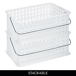 iDesign Spa Storage Organizer Basket with Handle, Stackable Container for Bathroom, Health, Cosmetics, Hair Supplies and Beauty Products, 8.69" x 13.94" x 5.12", Frost White