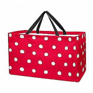 KQNZT Reusable Grocery Bags, Large Foldable Reusable Shopping Tote Bags Bulk for Groceries, Waterproof Kitchen Cloth Produce Bags with Long Handles, Pink White Wave Dot Fashion
