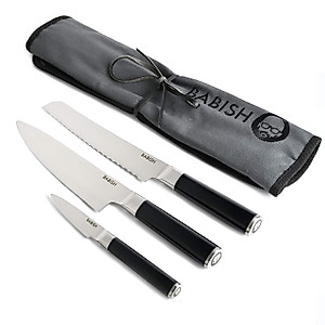 Babish German High-Carbon 1.4116 Steel Cutlery, 3-Piece w/Knife Roll & 12” & 9” Locking Kitchen Tong Set, Stainless Steel