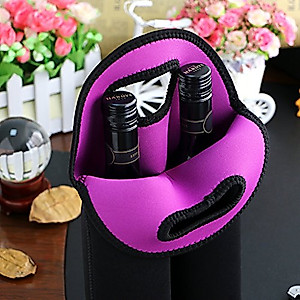 Hipiwe Wine Carrier Tote Bag Two Bottle Insulated Neoprene Wine/Water Bottle Holder for Travel with Secure Carry Handle (Blake+ Purple)