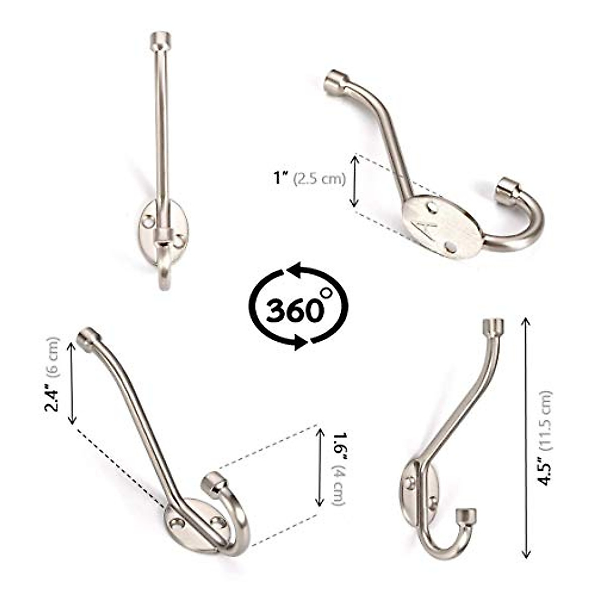 Wall Mounted Standard Decorative Heavy Duty Double Coat Hooks,5 Pack with Screws, Brushed Nickel by Ambipolar (6636-T310)