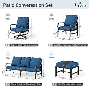 PHI VILLA 7 PCS Patio Furniture Set,Metal Outdoor Furniture with 1x 3 Seater Cushioned Deep Seating Bench Sofa, 2 Swivel Sofa Chair, 2 x Leg Sofa Chairs & 2 Ottoman for 7 Person, Peacock Blue