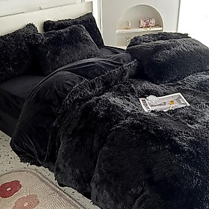 MR.FEATHER Duvet Cover Queen Size, Thickening Winter Fluffy Luxury Plush Shaggy Duvet Cover Sets Velvet Bedding Comforter Bed Sets 3 Pieces (Black, Twin)