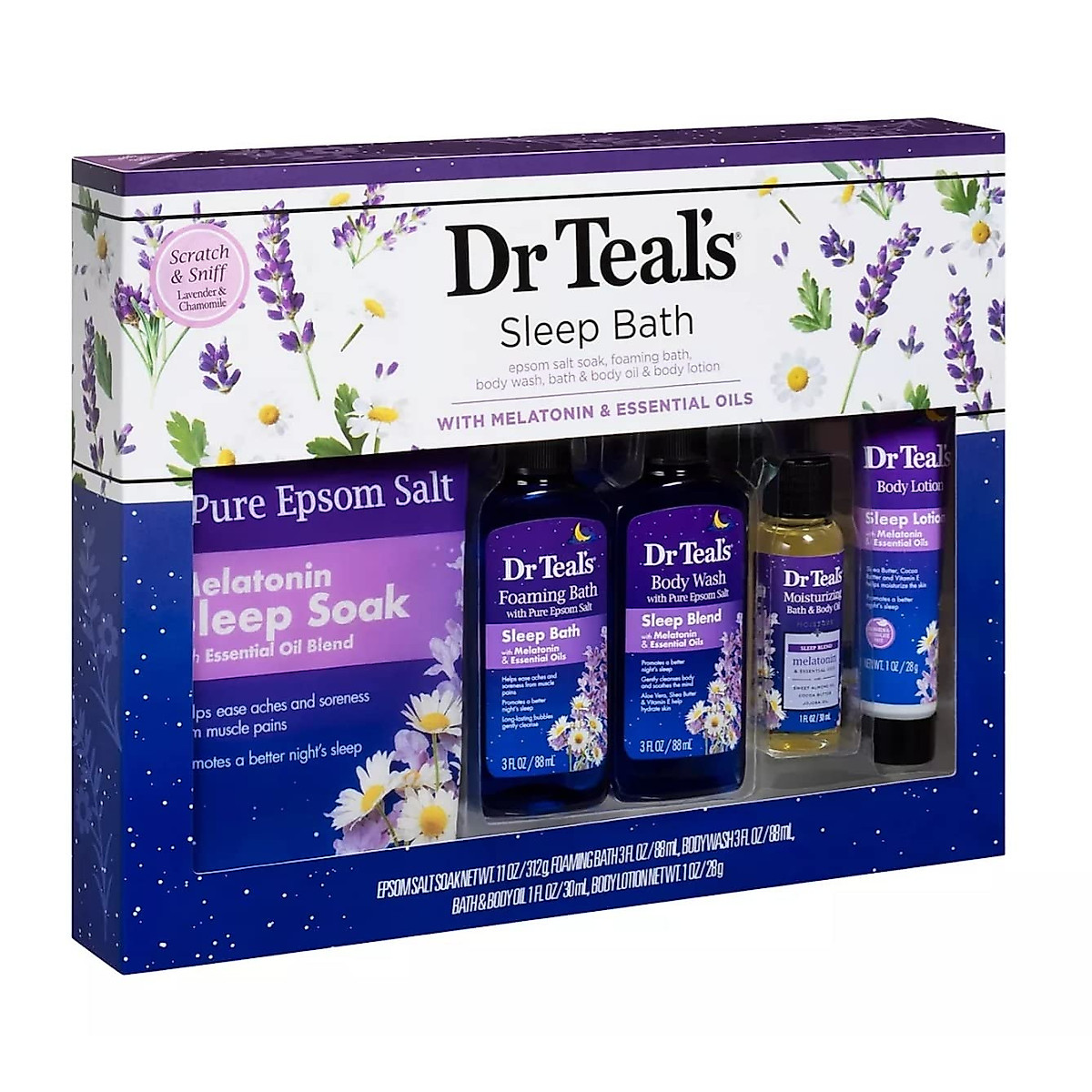 Dr Teal's Melatonin Gift Set for Better Sleep - Epsom Salt Soak, Bath, Body Wash, Body Oil & Lotion - At Home Spa Kit