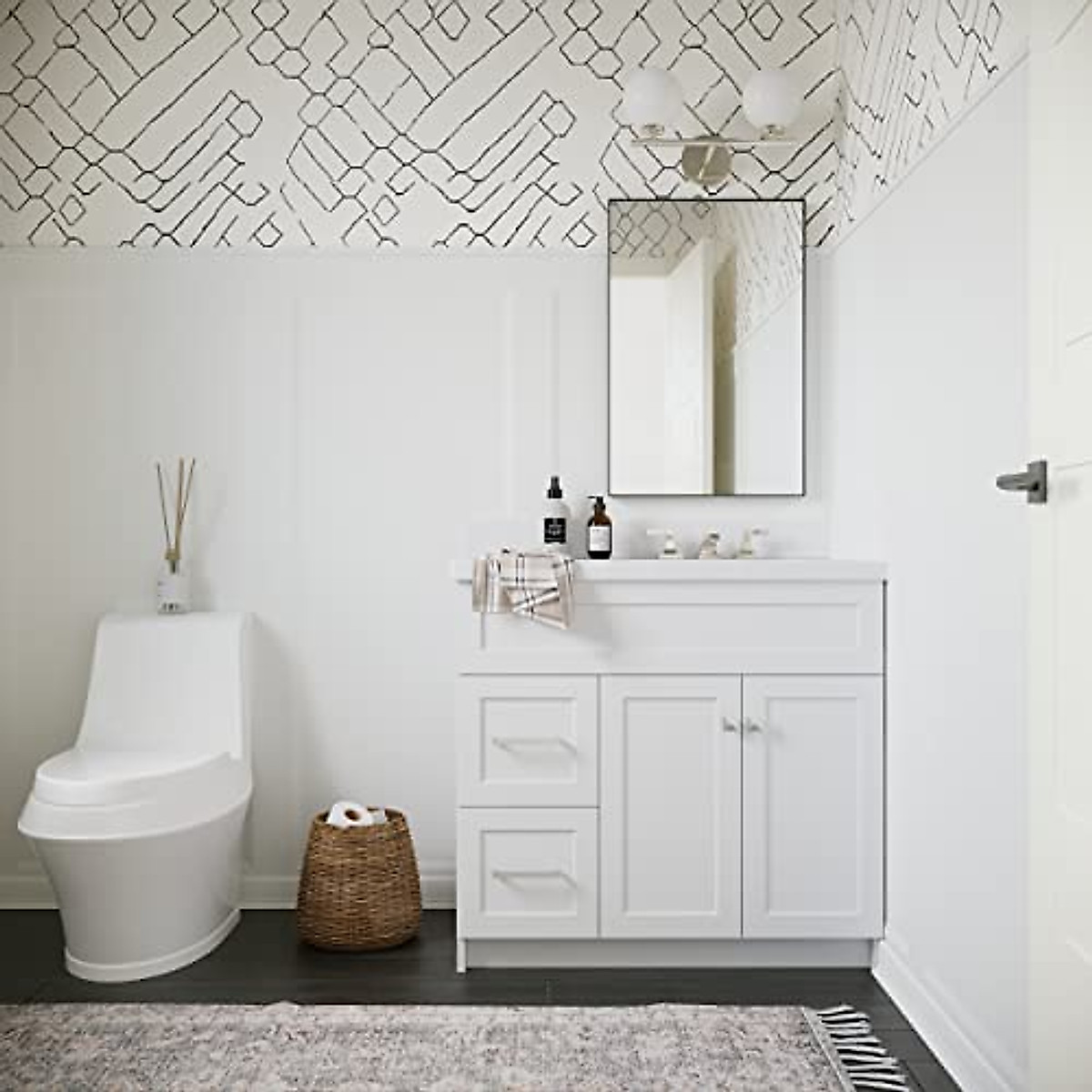 ARIEL 36" White Bathroom Vanity Base Cabinet, Right Offset Sink Configuration, 2 Soft-Closing Doors, 2 Full Extension Dovetail Drawers, 1 Enclosed Large Storage Shelf, Brushed Nickel