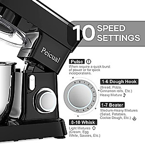 Upgraded Household Stand Mixer for Peicual 800W 10+P Speed High-Performance Tilt-Head Electric Kitchen Mixer 5.5Qt Stainless Steel Bowl with Dough Hook Flat Beater Wire Whisk & Splash Guard - Black