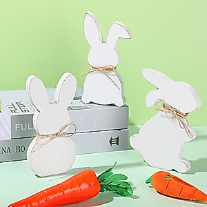 3 Pcs Easter Bunny Table Wooden Signs with Rope Easter Spring Wooden Tiered Tray Decor Rabbit Tabletop Party Centerpiece Signs Spring Decorations for Home Dining Room Desk Office (White)