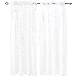 Deconovo Volie White Sheer Curtains Linen Look Diamond Window Panels Set of 2 for Bedroom, 52 x 63 Inch, Silver