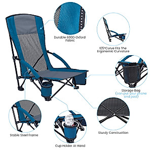 XGEAR High Back Low Seat Folding Beach Chair with Cup Holder and Carry Bag, Mesh Back Sand Chair for Beach, Lawn, Camping, Travel, Support Up to 300 lbs (1chair Blue)