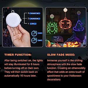 LOLStar Halloween Decorations 3 Pack Orange Pumpkin Green Spider Purple Witch Hat Halloween Window Lights with Suction Cup Battery Operated Halloween Lights, 2023 Upgrade Slow Fade Mode Timer Function