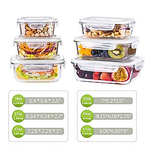 HOMBERKING Large Glass Food Storage Containers with Lids, [12 Piece] Glass Meal Prep Containers, Airtight Glass Bento Boxes, BPA Free & Leak Proof (6lids & 6Containers)(Square & Rectangle)- White