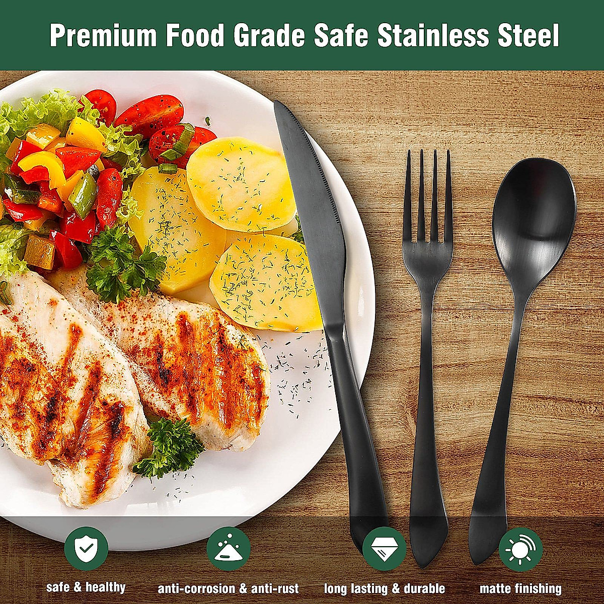 Matte Black Silverware Set - viishow 20-Piece Stainless Steel Flatware Set for 4, Matte Tableware Modern Satin Finished Kitchen Cutlery Set Eating Utensils Set, Dishwasher Safe