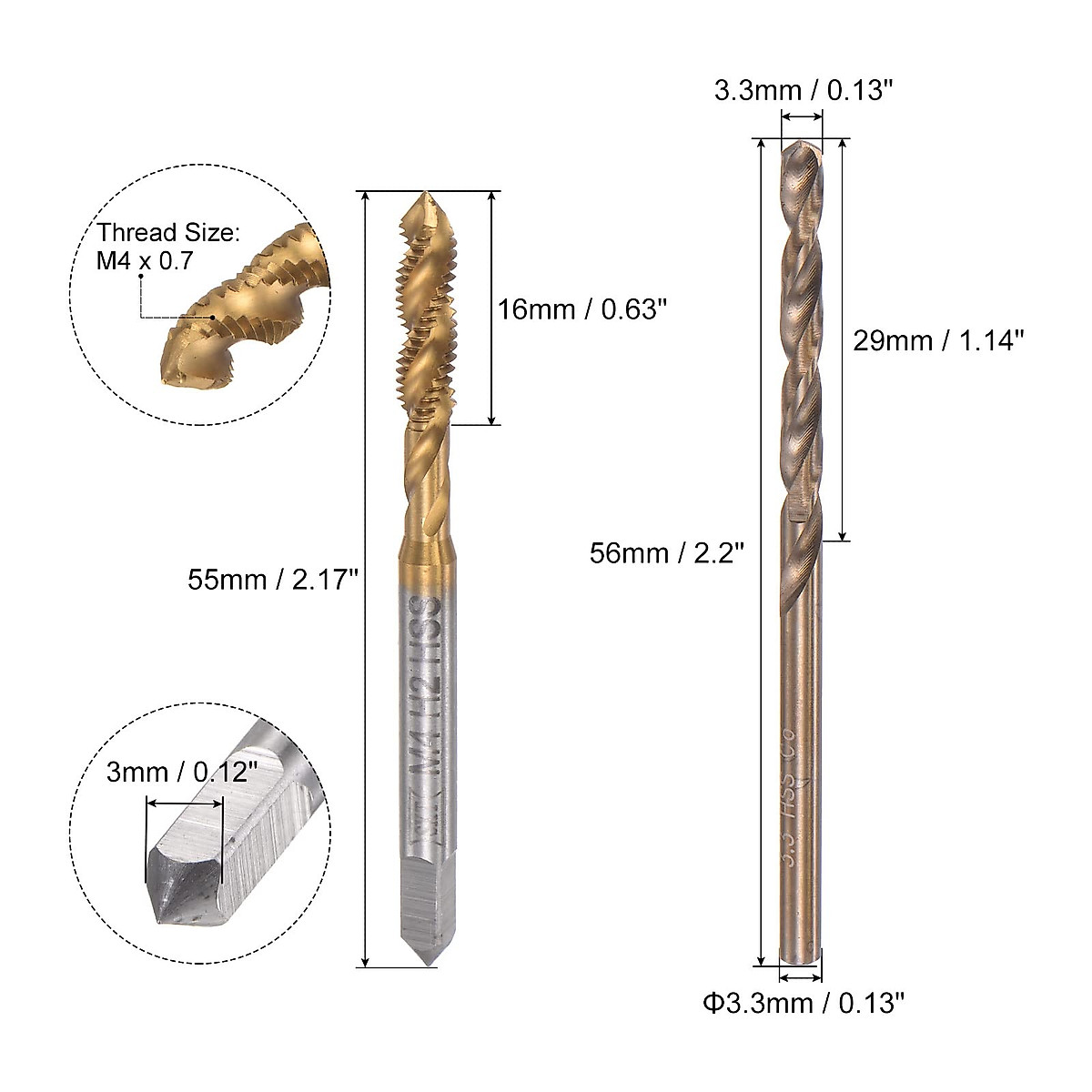 uxcell M4 x 0.7 Spiral Flute Tap 3.3mm Drill Bit Set, Metric Titanium Plated M35 Cobalt High Speed Steel Machine Threading Screw Tap Drilling Tool