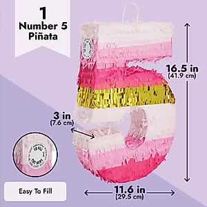 BLUE PANDA Number 5 Pinata, Pink and Gold Foil for Girls 5th Birthday Party Decorations (Small, 16.5 x 11.6 x 3 In)