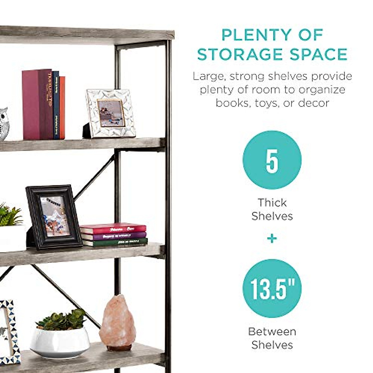 Best Choice Products 5-Tier Rustic Industrial Bookshelf Display Décor Accent for Living Room, Bedroom, Office w/Metal Frame, Wood Shelves - Gray